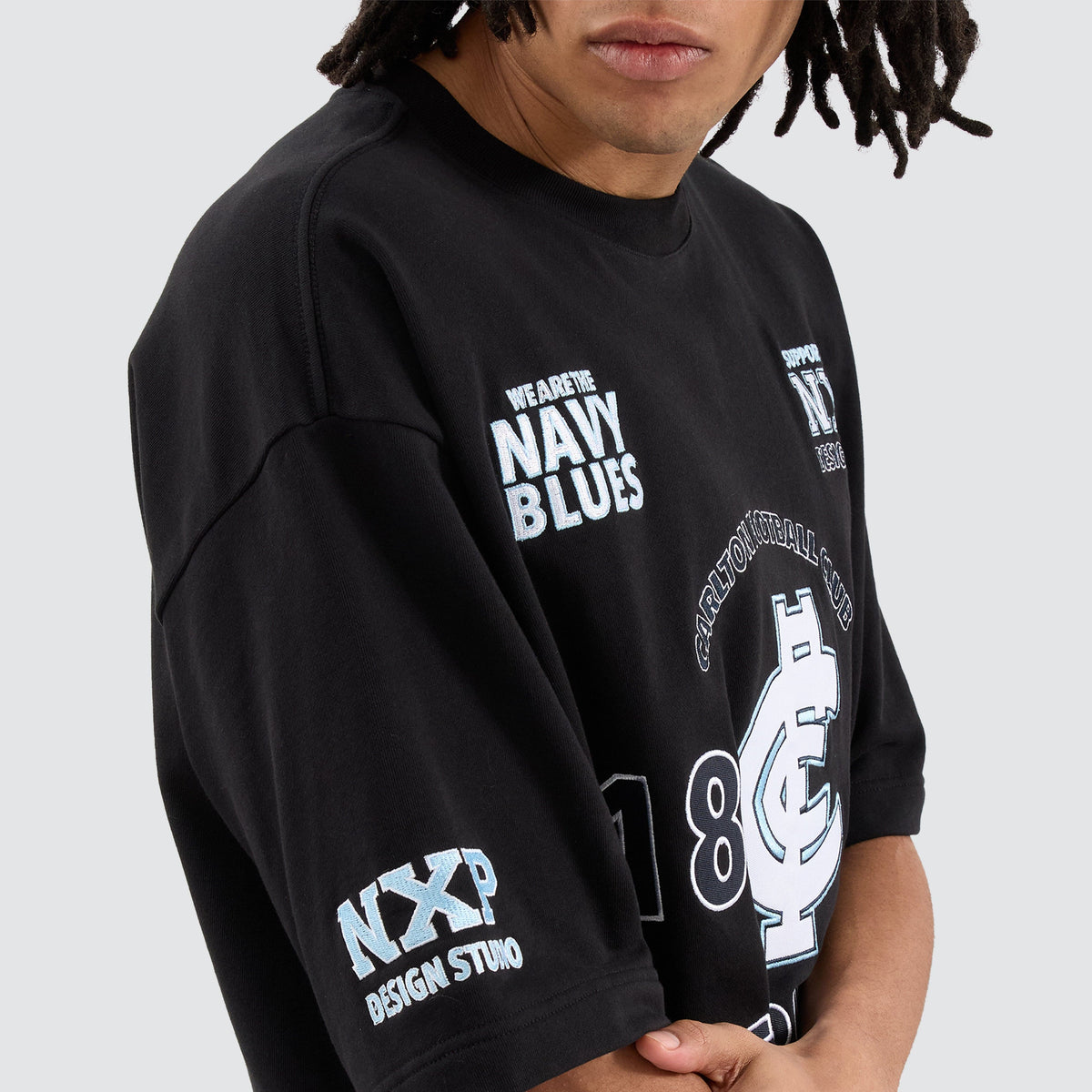 NXP x AFL Carlton Blues Mega Loop Back Tee in Jet Black | Neverland Store