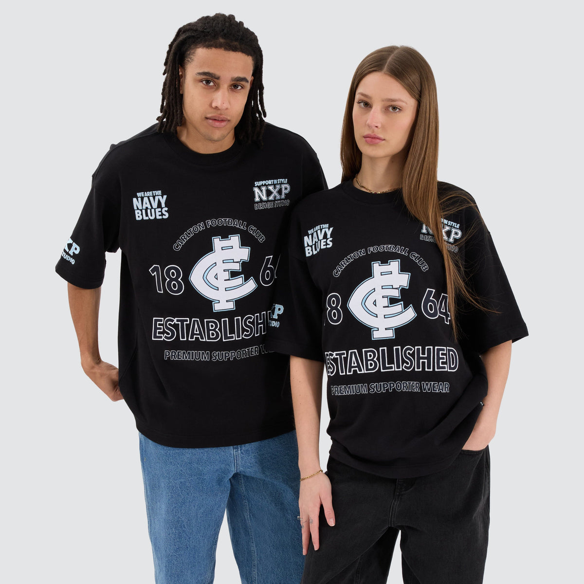 NXP x AFL Carlton Blues Mega Loop Back Tee in Jet Black | Neverland Store