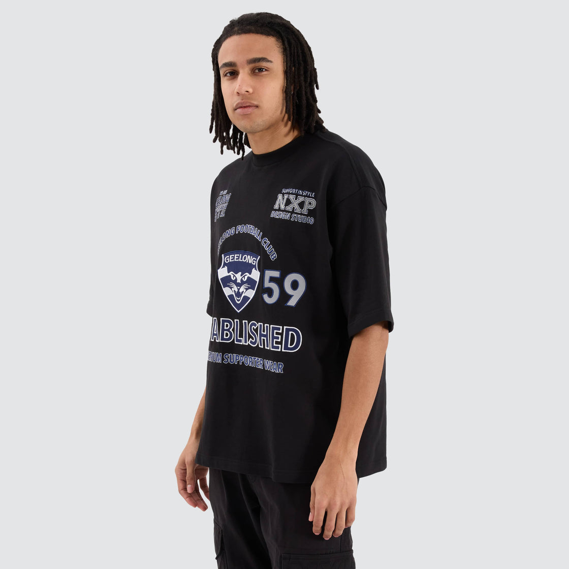 NXP x AFL Geelong Cats Mega Loop Back Tee in Jet Black | Neverland Store