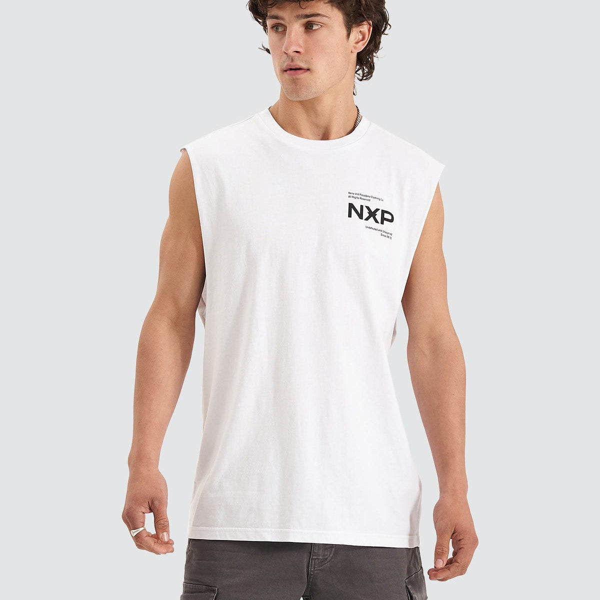 NXP Beamer Scoop Back Muscle Tee in White | Neverland | Neverland Store