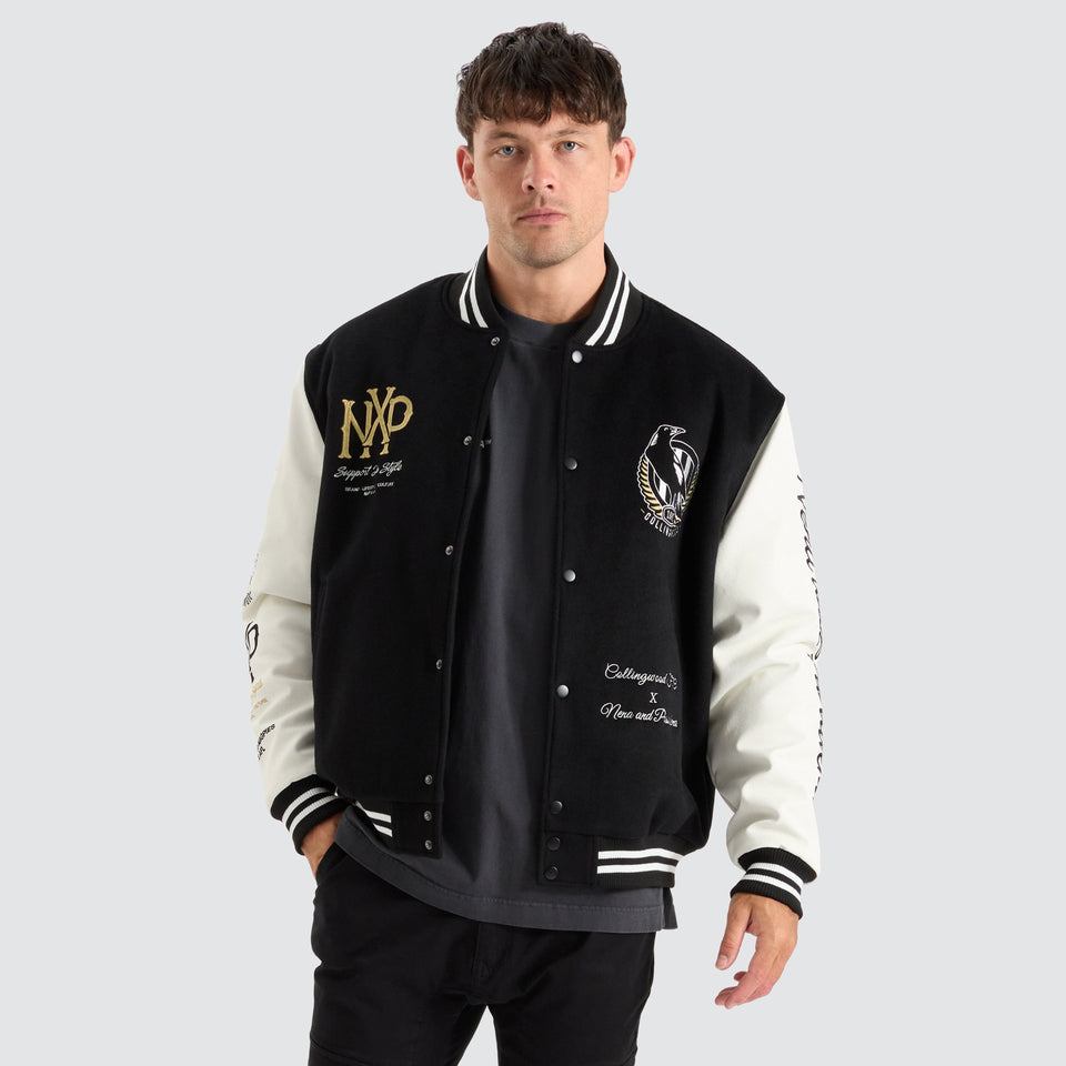 NXP x AFL Collingwood Magpies Varsity Jacket in Jet Black | Neverland Store