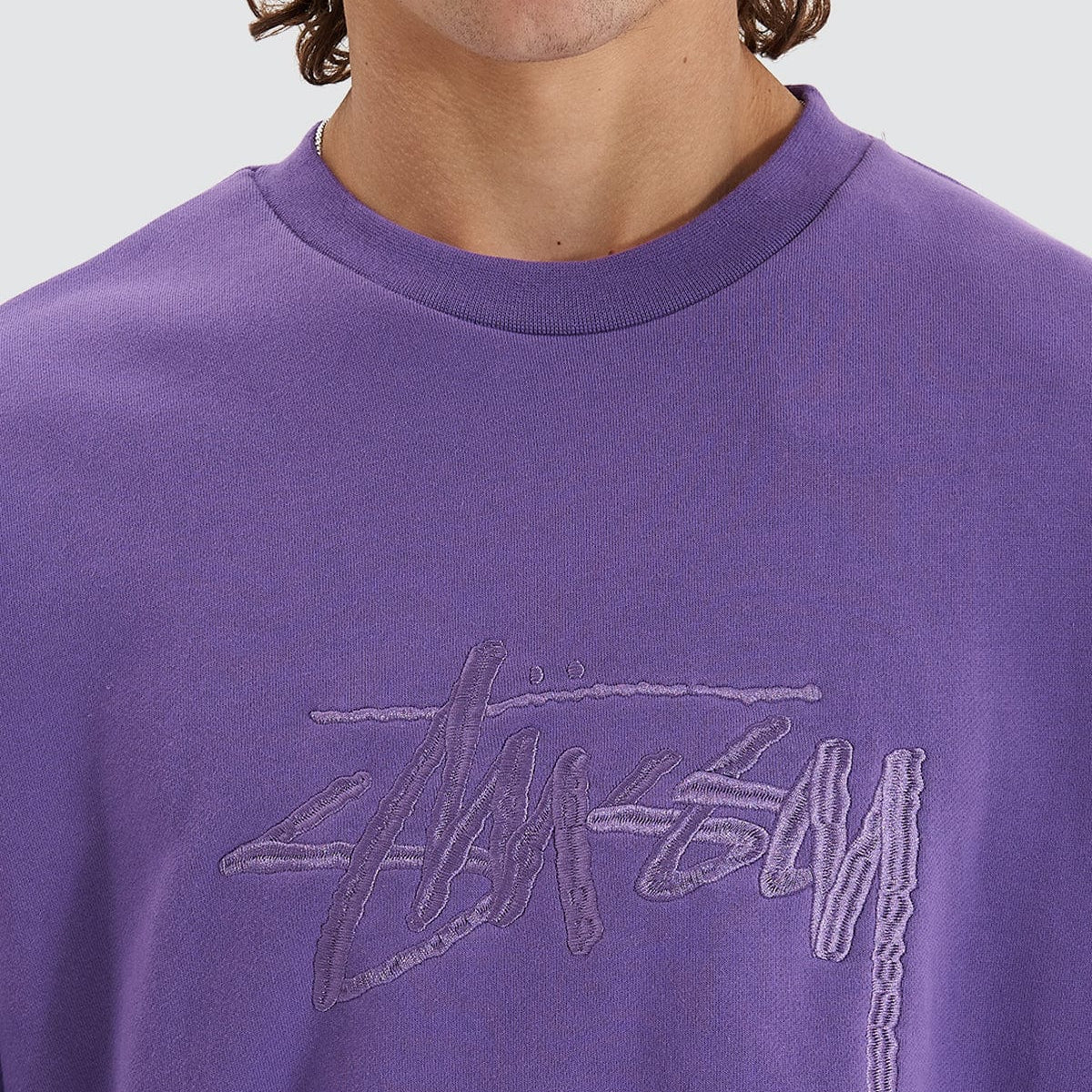 Solid Stock Embroidery Crew Neck Bright Violet Purple | Neverland Store