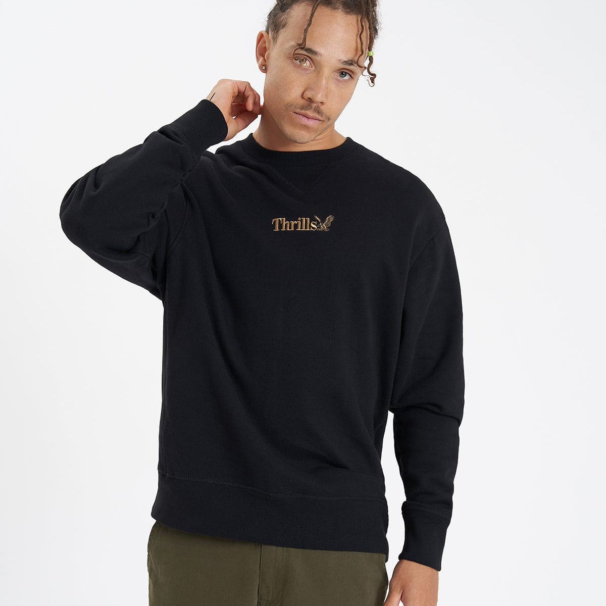 Thrills Workwear Embro Oversize Fit Crew Jumper Black | Neverland Store