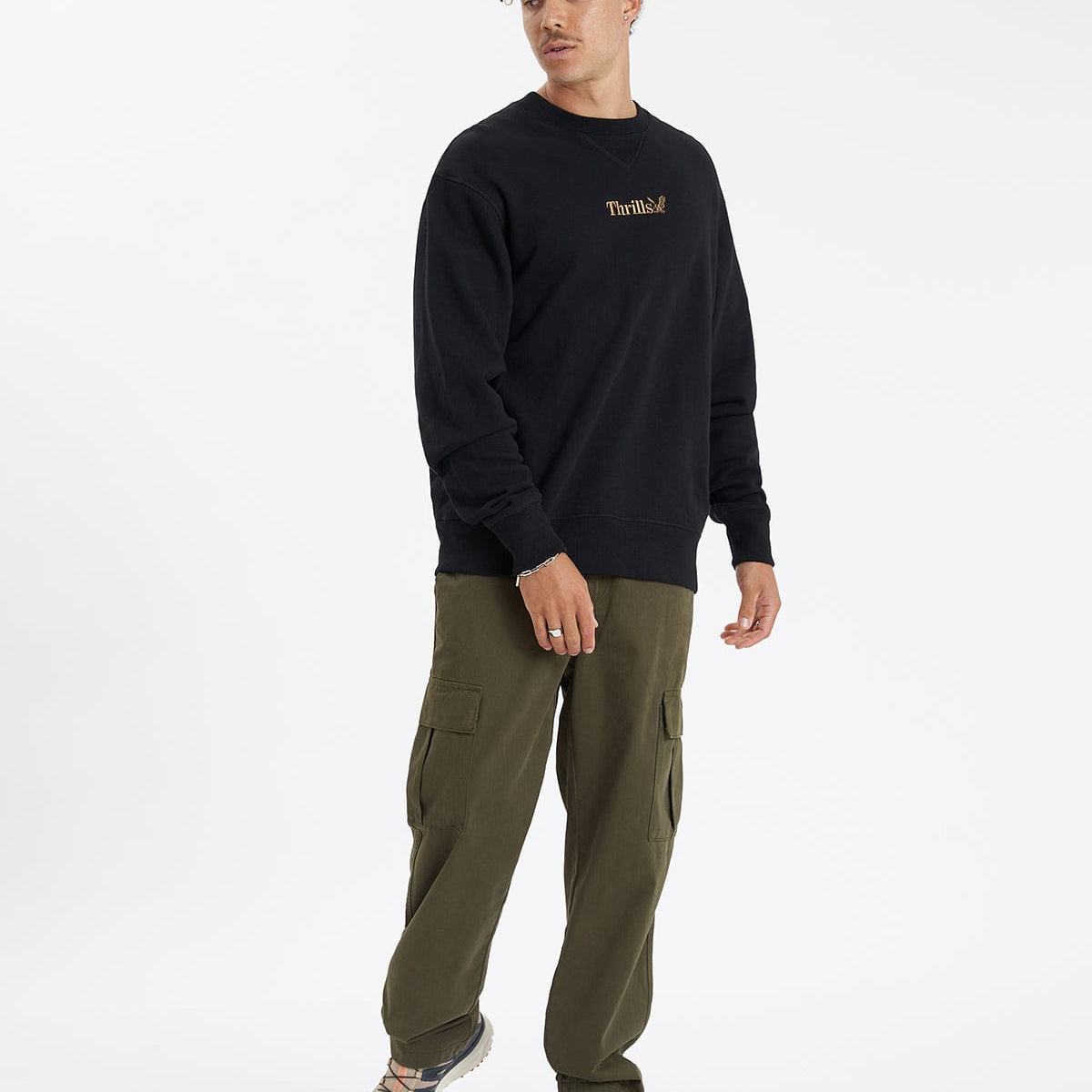Thrills Workwear Embro Oversize Fit Crew Jumper Black | Neverland Store